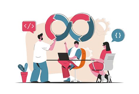 Devops 개념 격리 팀 프로세스 조직의 소프트웨어 개발 평평한 만화 디자인의 사람들 장면 블로깅 웹 사이트 모바일 앱 홍보 자료에 대한 벡터 일러스트레이션 데브옵스에