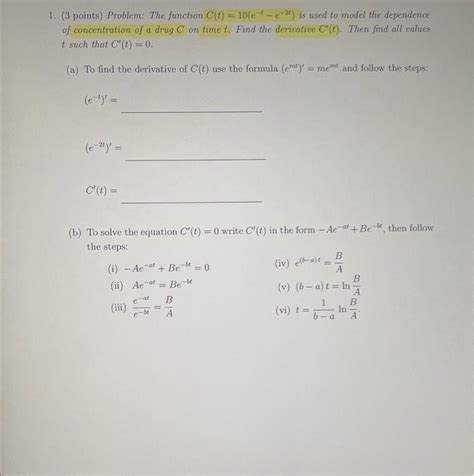 solved 1 3 points problem the function c t 10 e−t−e−2t