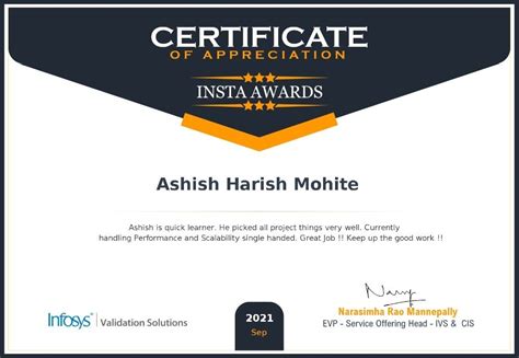 ashish mohite on linkedin certificateofappreciation infosys