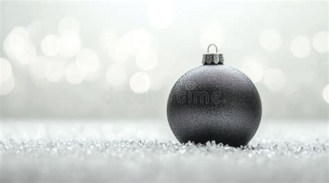 Single Dark Gray Christmas Ornament On A Sparkly Surface With Bokeh Lights In Background Stock