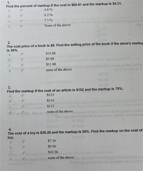 Solved 1 Find The Percent Of Markup If The Cost Is 68 91 Chegg Com