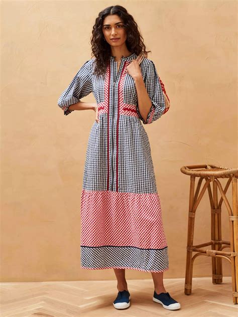 Brora Gingham Patchwork Dress Navy Cherry Red At John Lewis And Partners