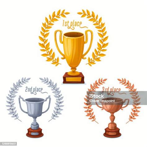 월계수 화환이 있는 금 은 브론즈 트로피 컵 1위 2위 3위 우승 트로피 등 다양한 모양의 트로피 어워드 컵 만화 스타일 벡터