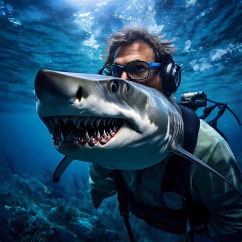 Premium Photo A Man In A Scuba Mask Is Holding A Shark Head In The Water
