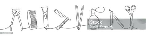이발소 도구 한 줄 연속 그리기 클리퍼 빗 면도날 교정기 향수 분무기 가위 연속 한 줄 그림 가위에 대한 스톡 벡터 아트 및