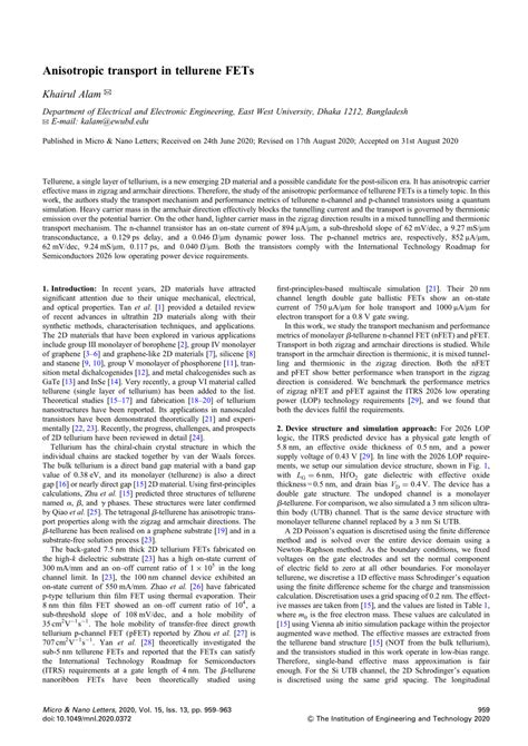 Anisotropic Transport In Tellurene Field Effect Transistors Request Pdf