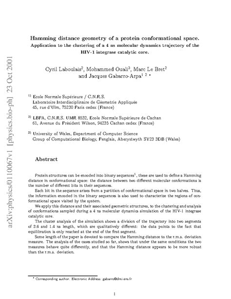 Hamming Distance Geometry Of A Protein C Arxivphysics0110067v1 Physics Ph 23 Oct 2001