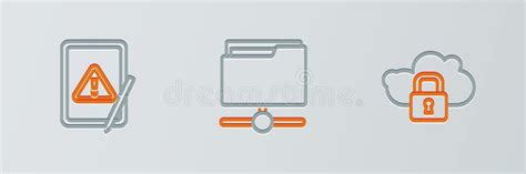 Set Line Cloud Computing Lock Tablet With Exclamation Mark And Ftp Folder Icon Vector Stock