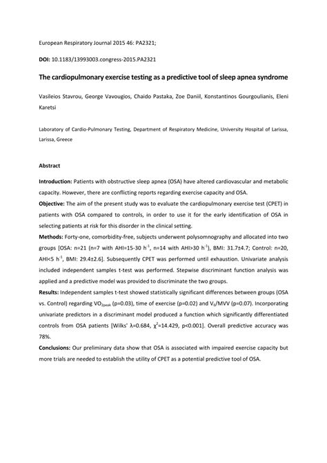 Pdf The Cardiopulmonary Exercise Testing As A Predictive Tool Of Sleep Apnea Syndrome