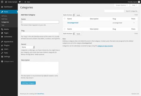 Posts Categories Screen Wordpress Codex