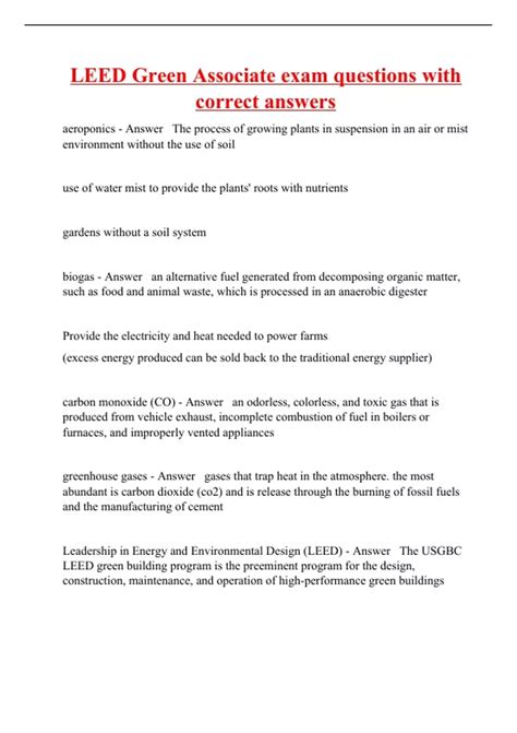 Leed Green Associate Exam Questions With Correct Answers Leed Ap Leadership In Energy And