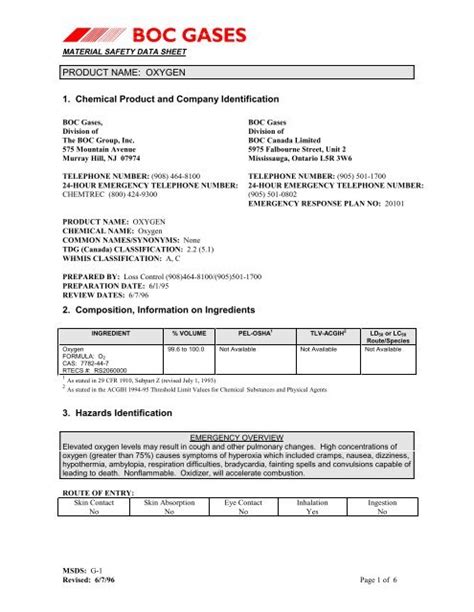Msds Oxygen G1