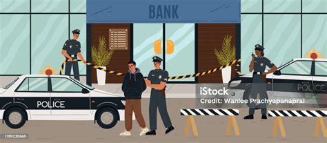 경찰관 체포 은행 강도 벡터 장면 은행 강도에 대한 스톡 벡터 아트 및 기타 이미지 은행 강도 절도 경찰관 Istock