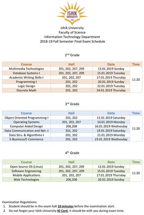 Fall Semester Final Exam Schedule It Department