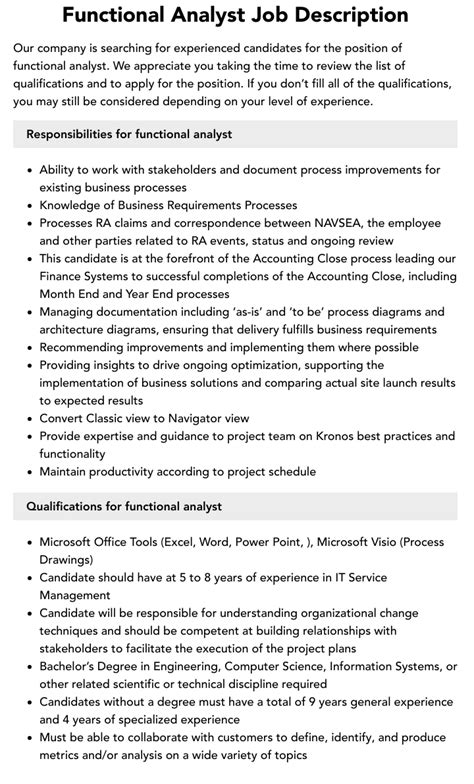 Functional Analyst Job Description Velvet Jobs