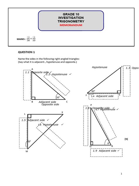 Gr 10 Investigation Trig Memo Pdf Trigonometry Triangle