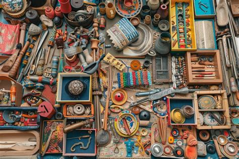 Flat Lay Photo Hyperrealistic Maximalism A Kaleidoscope Of Random Objects Intensely Detailed