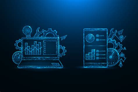 Seo 최적화 낮은 폴리 디자인 파란색 배경의 모바일 장치 및 랩톱 다각형 벡터 일러스트레이션에 대한 검색 엔진 최적화 와이어 프레임 모델에 대한 스톡 벡터 아트 및 기타