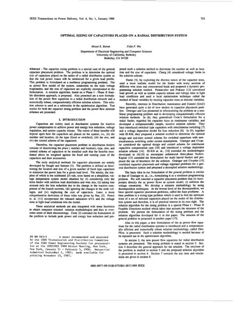 Optimal Sizing Of Capacitors Placed On A Radial Distribution System Pdf Mathematical