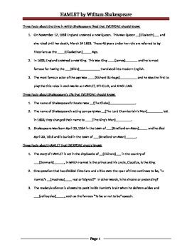 HAMLET Guided Reading Worksheet By Brent Herndon TpT