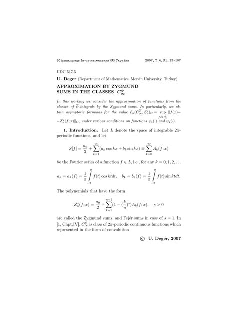 Pdf Approximation By Zygmund Sums In The Classes C Overline Psi Infinity