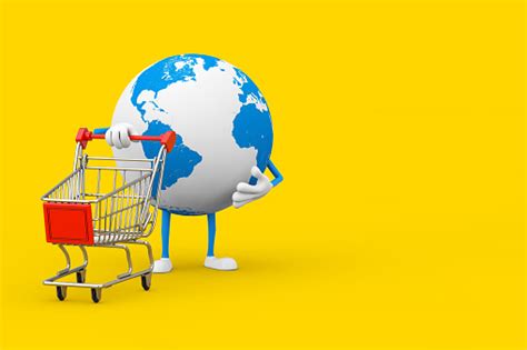 쇼핑 카트 트롤리와 지구 글로브 캐릭터 마스코트 3d 렌더링 개념에 대한 스톡 사진 및 기타 이미지 개념 고객 구 Istock