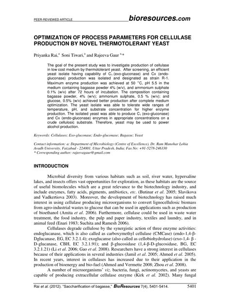 Pdf Optimization Of Process Parameters For Cellulase Production By Novel Thermotolerant Yeast