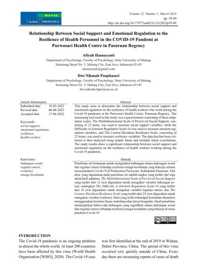 Relationship Between Social Support And Emotional Regulation To The Resilience Of Health