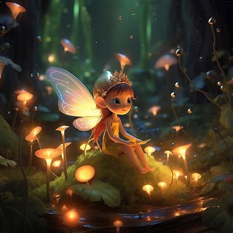 Premium Ai Image Pixie Fairy With Glow Wings Sitting On The Forest Ground With Light Calm Scene