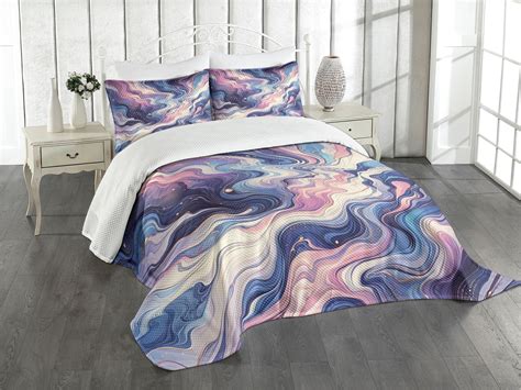 Ambesonne Purple Quilted Bedspread Set 3 Pcs Curly Aesthetic Marble
