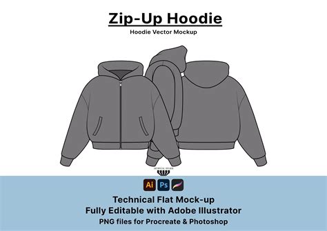Zip Up Hoodie Vector Mockup Full Zip Sweater Fashion Flats Tech Pack