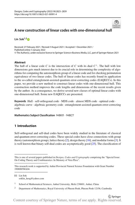 A New Construction Of Linear Codes With One Dimensional Hull Request Pdf