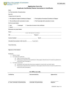 Fillable Online Application Form For Duplicate Certificate Name Correction Fax Email Print
