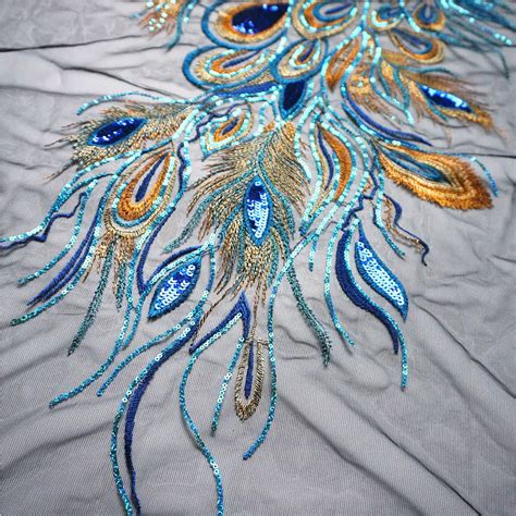 Большие размеры синие блестки вышивка феникс перо павлина черная сетка свадебные аппликации