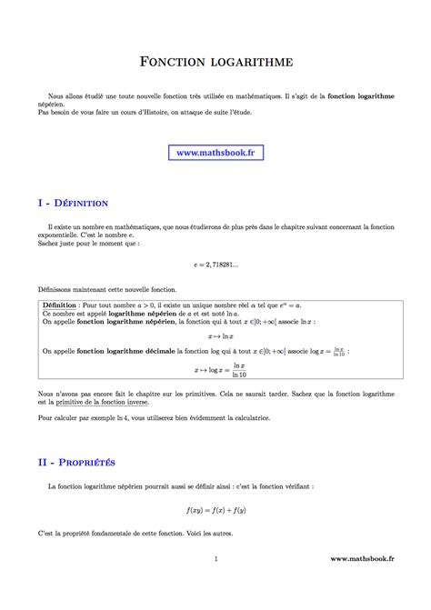 Fonction Logarithme Cours Pdf à Imprimer Maths Terminale S