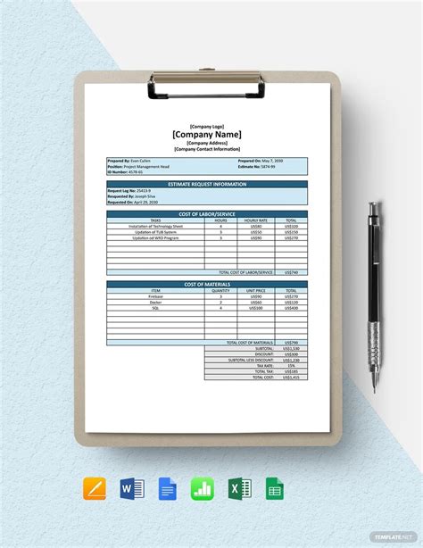 Software Cost Estimate Template Google Docs Google Sheets Excel Word Apple Numbers Apple Pages