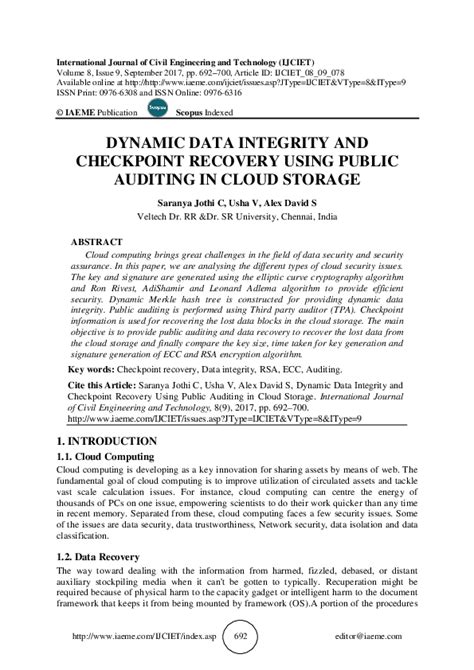 Pdf Dynamic Data Integrity And Checkpoint Recovery Using Public Auditing In Cloud Storage