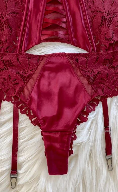 Luxury Red Wine Satin Lingerie Set Garter Belt T For Her Etsy