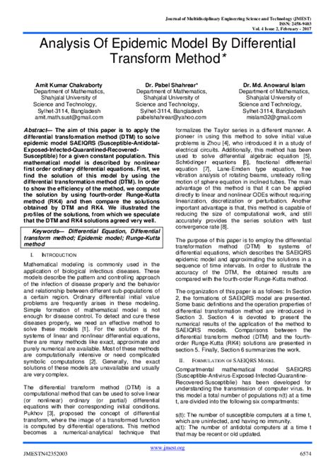 Pdf Analysis Of Epidemic Model By Differential Transform Method