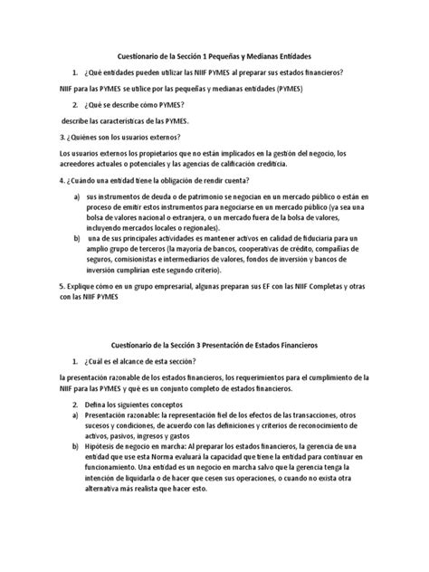 Cuestionario De Niif Sección 1 3 4 5 Pdf Estado Financiero