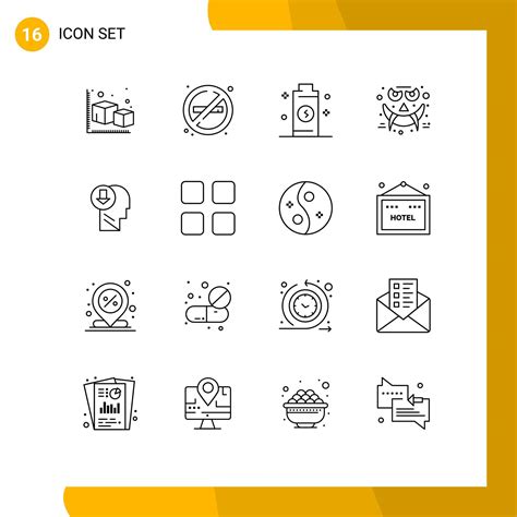 Pack Of 16 Modern Outlines Signs And Symbols For Web Print Media Such As Head Smiley Battery