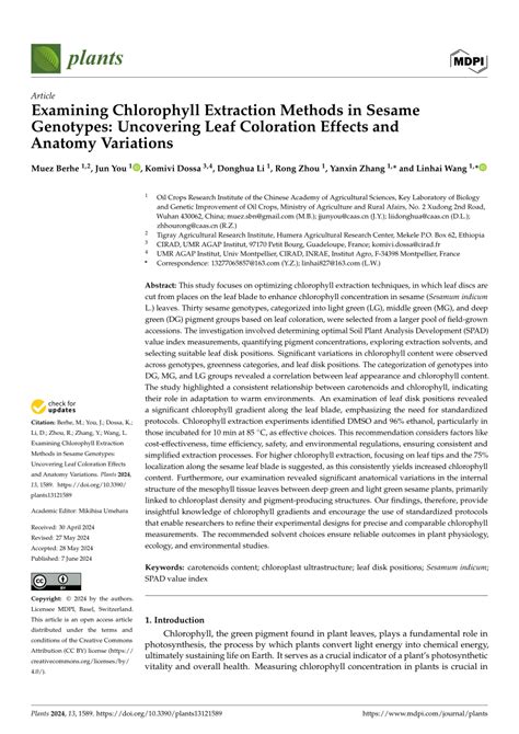 Pdf Examining Chlorophyll Extraction Methods In Sesame Genotypes Uncovering Leaf Coloration