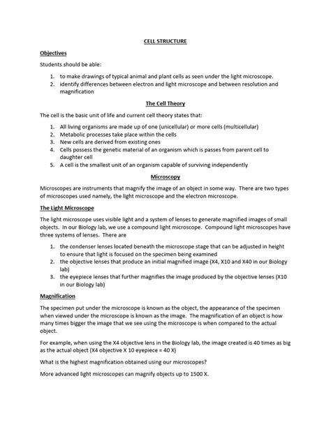 Cell Structure And Function Notes Pdf Cell Biology Microscope