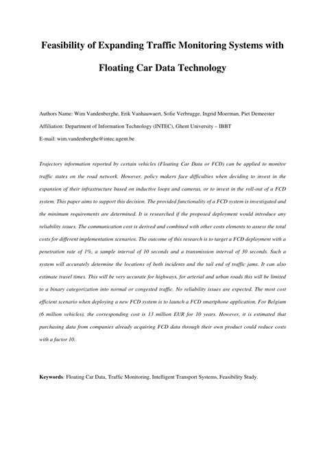 Pdf Feasibility Of Expanding Traffic Monitoring Systems With Floating Car Data Technology