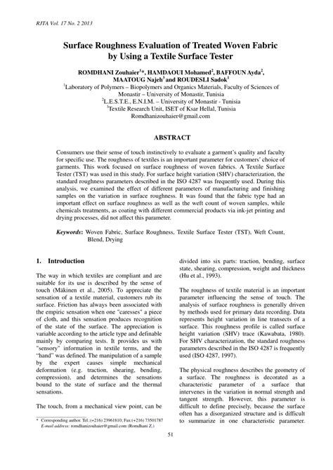 Pdf Surface Roughness Evaluation Of Treated Woven Fabric By Using A