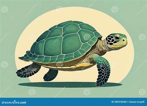 Illustration Of A Turtle On A Green Background In Cartoon Style Ai Generative Stock