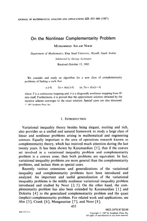 Pdf On Nonlinear Complementarity Problems