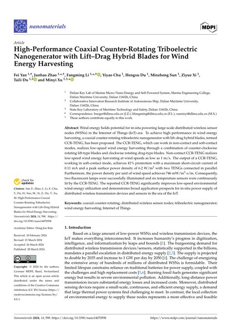 Pdf High Performance Coaxial Counter Rotating Triboelectric Nanogenerator With Liftdrag