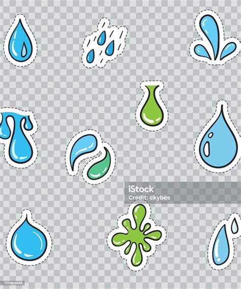 물 방울과 패치 배지 벡터 일러스트 레이 션에 고립 된 투명 한 배경입니다 만화 80 S90의 만화 스타일에 스티커 핀 패치의 팩을 설정 합니다 물에 대한 스톡 벡터 아트