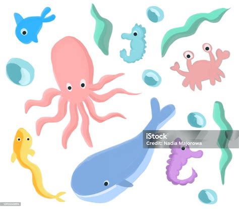 벡터 수중 세계 만화 아이콘 세트 열대 물고기 산호 모래 성 불가사리 조개 게 개체 그룹에 대한 스톡 벡터 아트 및 기타 이미지 개체 그룹 귀여운 깊은 Istock
